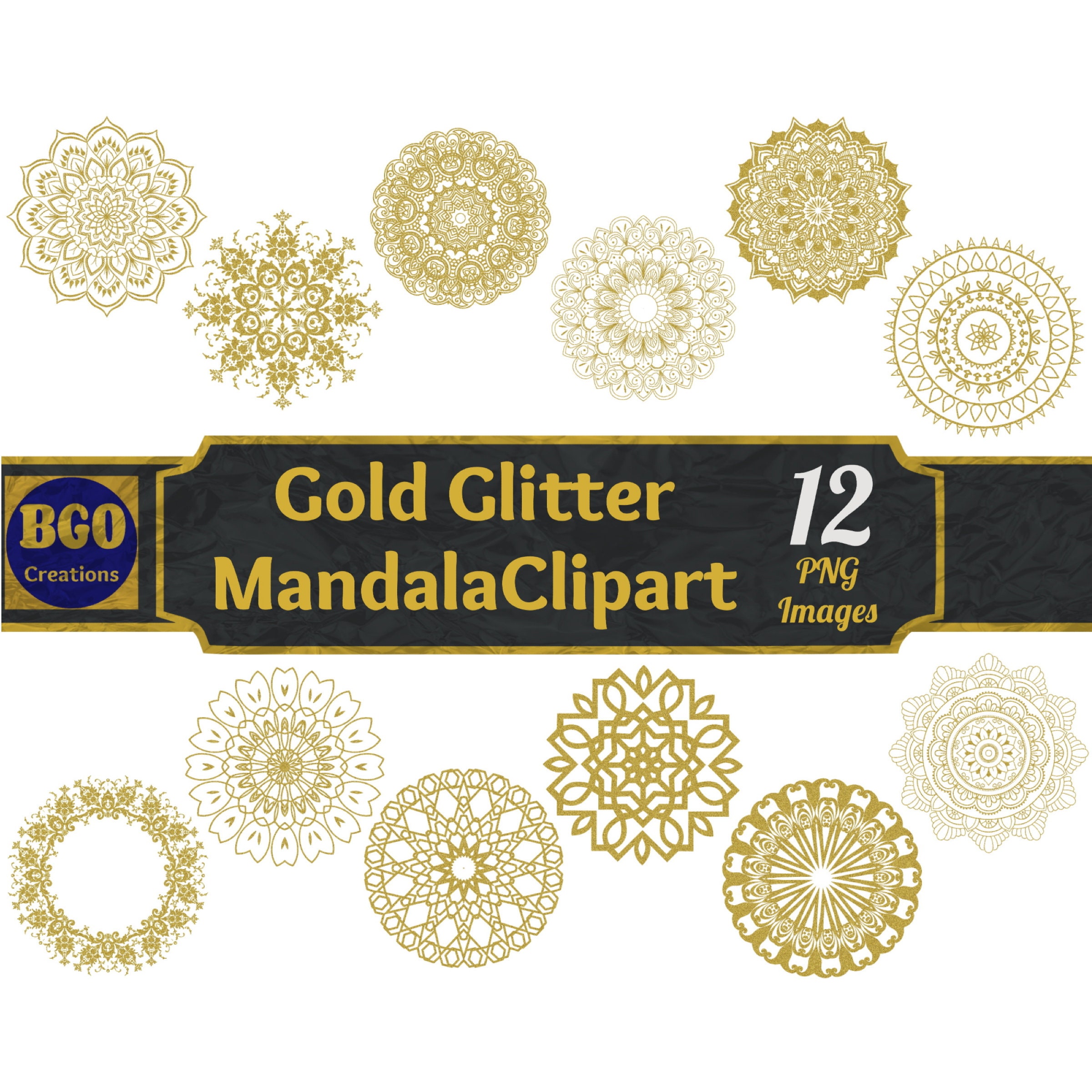 Gold Glitter Mandalas Bundle, 12 PNG Clipart Design Elements, Ornate ...