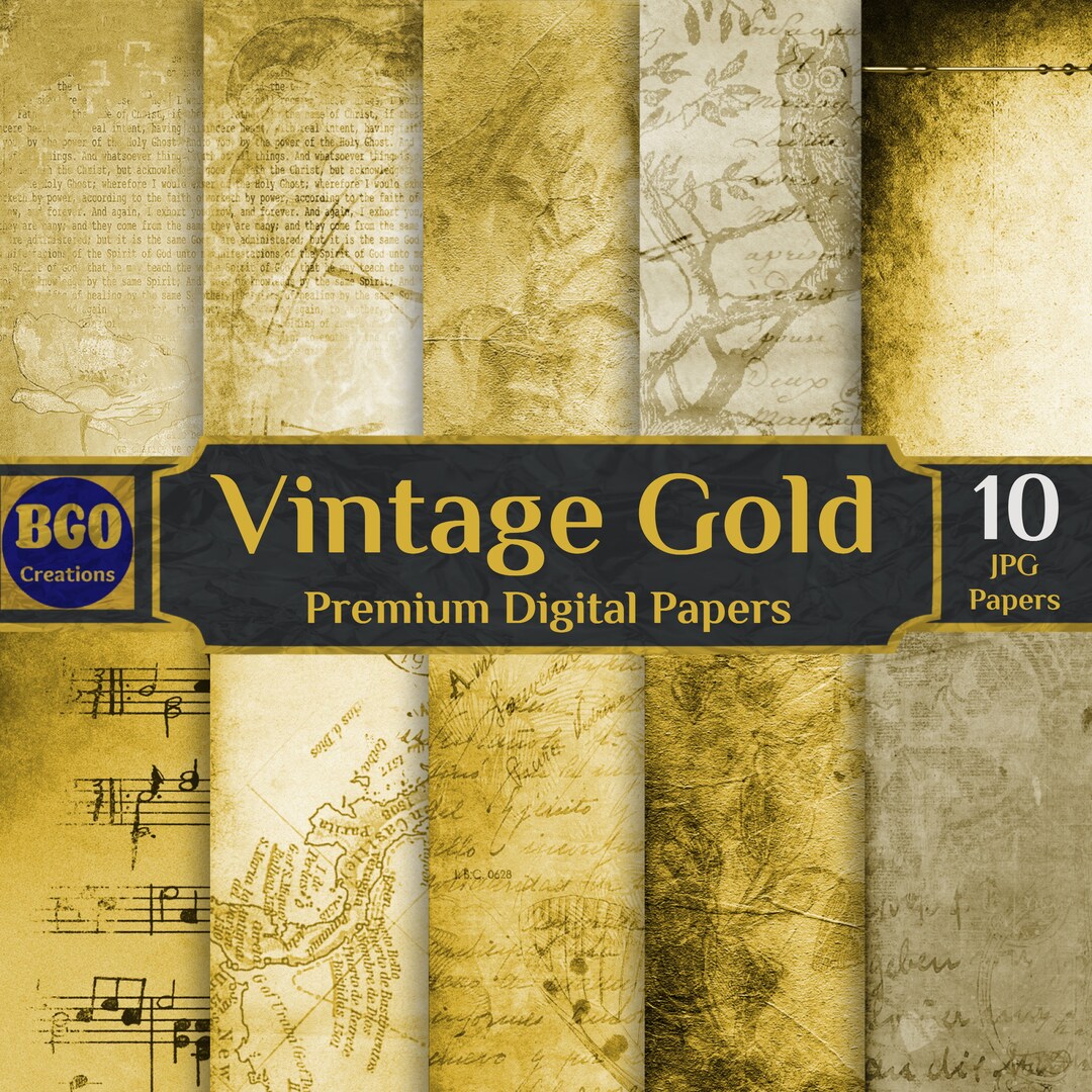 Vintage Gold Digital Paper, Vintage Ephemera, Antique Letters, 10 Gold ...