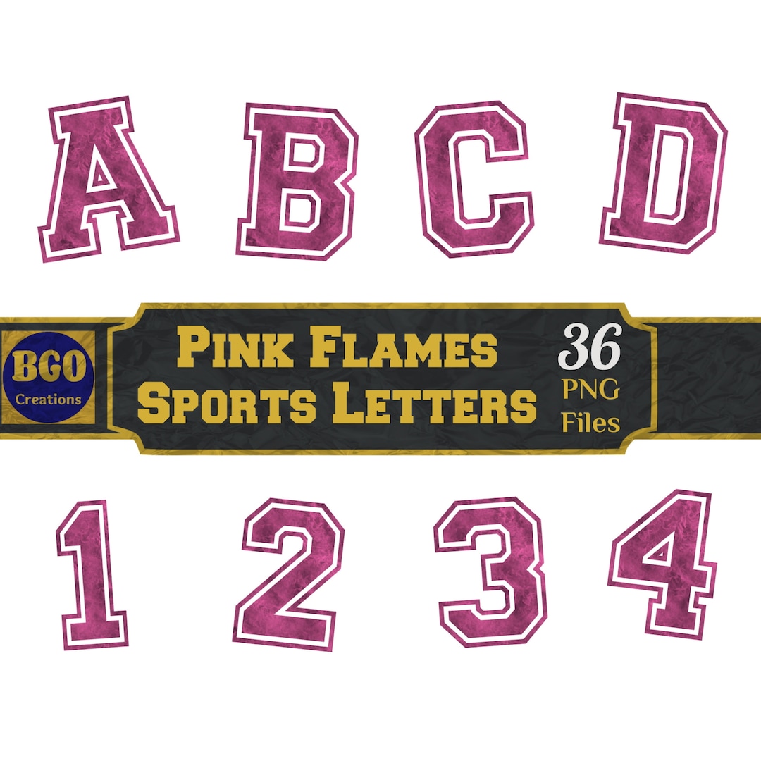 Pink Flames Varsity Sports Alphabet, 26 PNG Letters & 10 Numbers ...