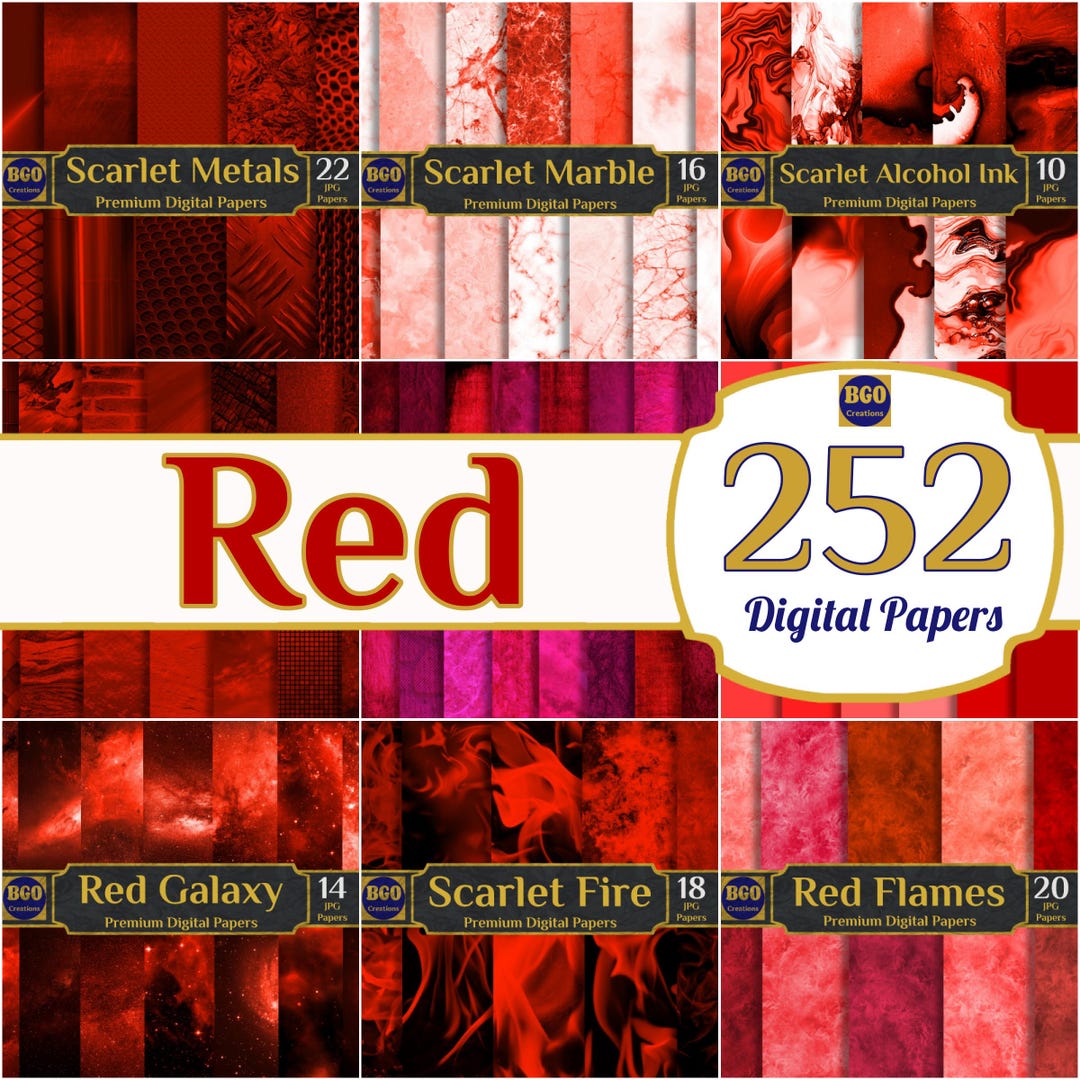 Red Digital Paper Bundle, 252 JPG Papers, Red Textures, Solids ...
