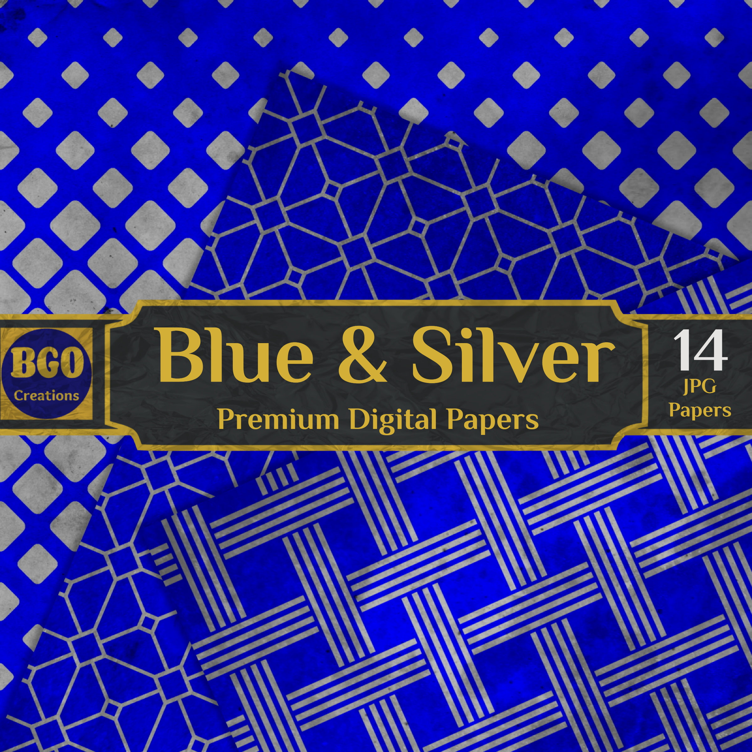 Distressed Blue & Silver Textures Digital Paper Pack, 14 Ornate ...