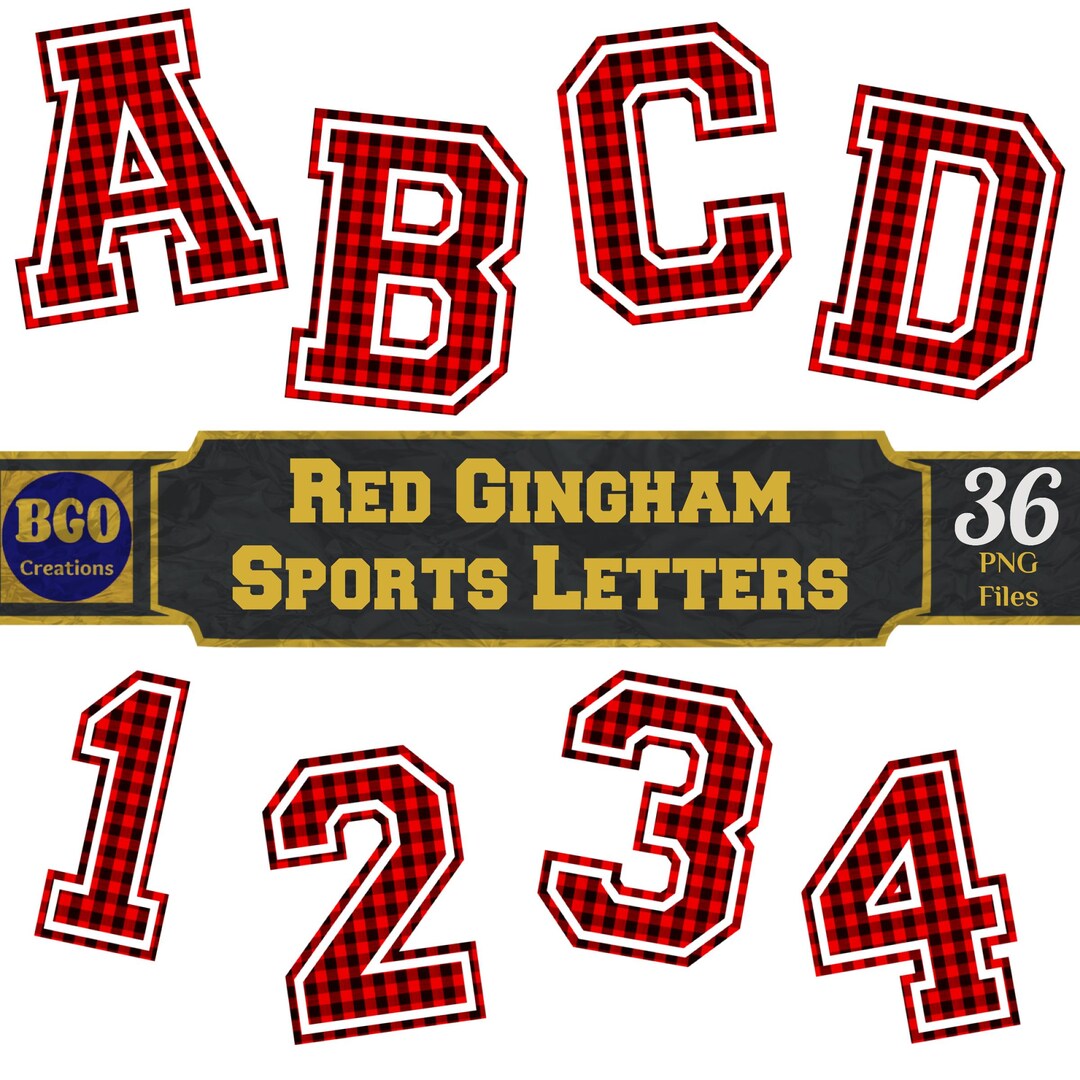 Red Gingham Varsity Sports Alphabet, 26 PNG Letters & 10 Numbers ...