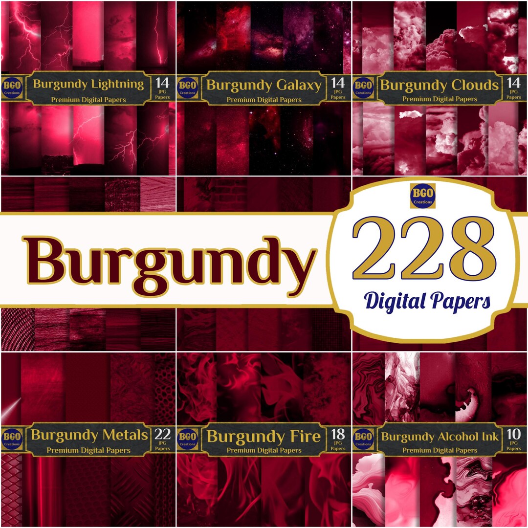 Burgundy Digital Paper Bundle, 228 JPG Papers, Maroon Textures, Solids ...
