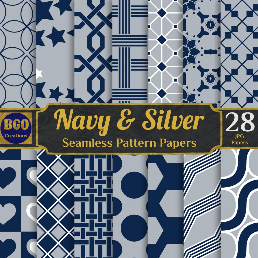 Navy Blue and Silver Digital Paper, 28 Printable Seamless Scrapbooking ...