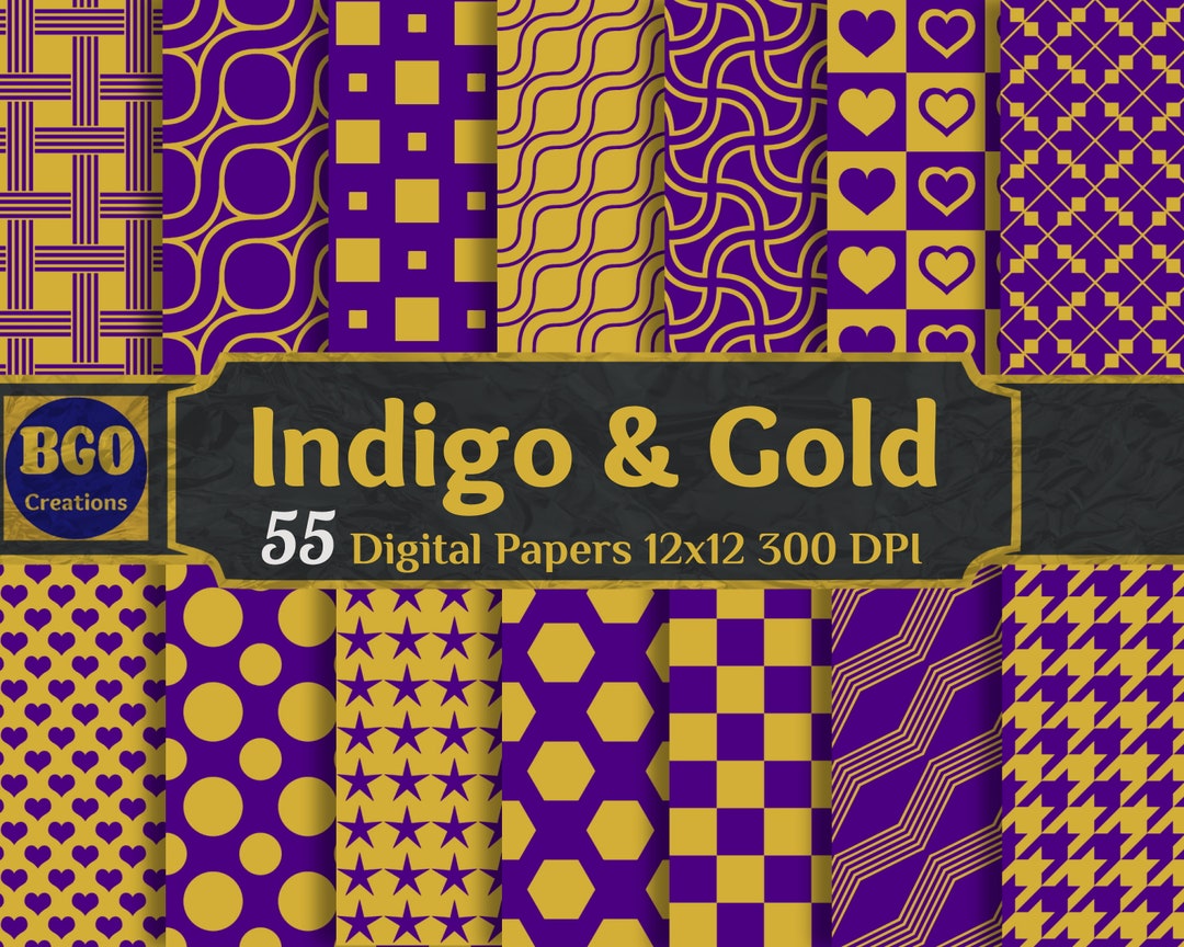 Indigo and Gold Digital Paper Pack, 55 Seamless Purple & Gold Printable ...