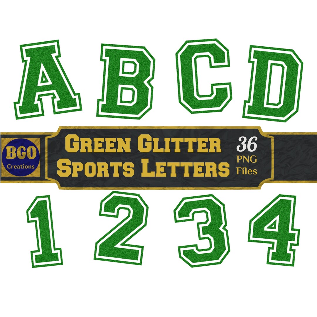 Green Glitter Varsity Sports Alphabet, 26 PNG Letters & 10 Numbers ...