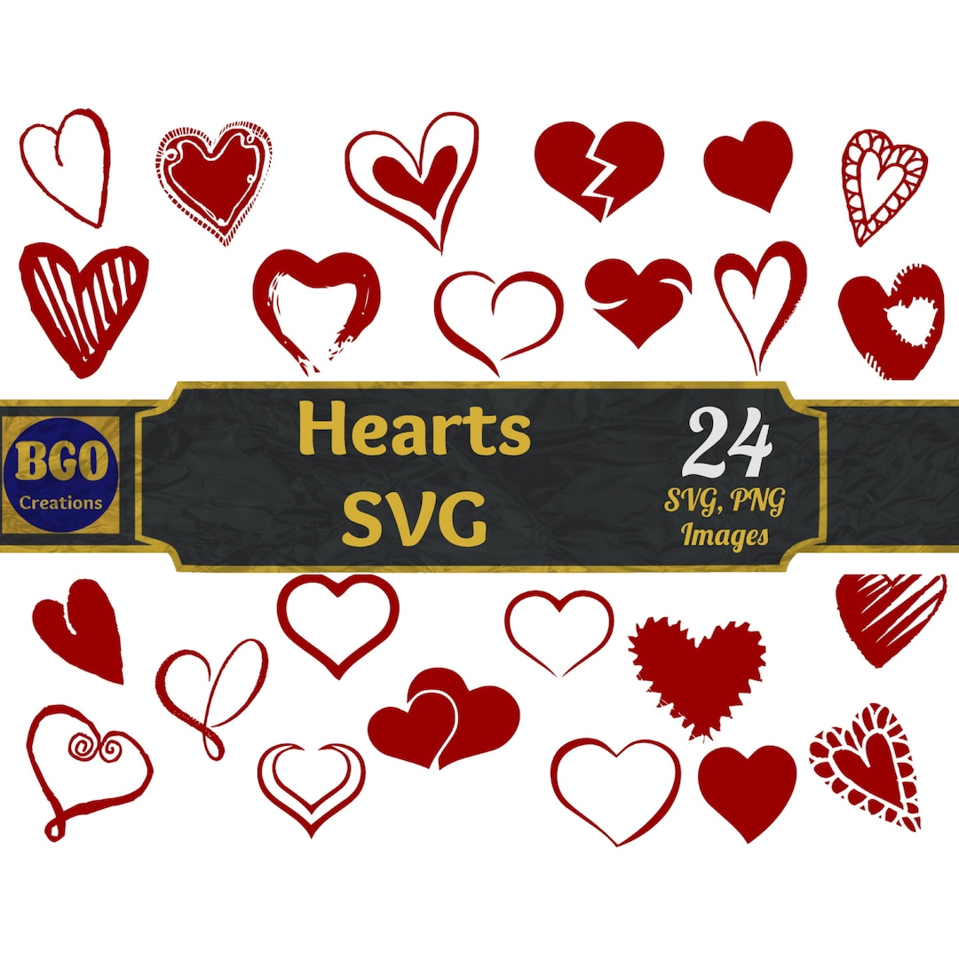 Hearts SVG Clipart Bundle, 24 Heart Images, Printable PNG Hearts, 72 ...