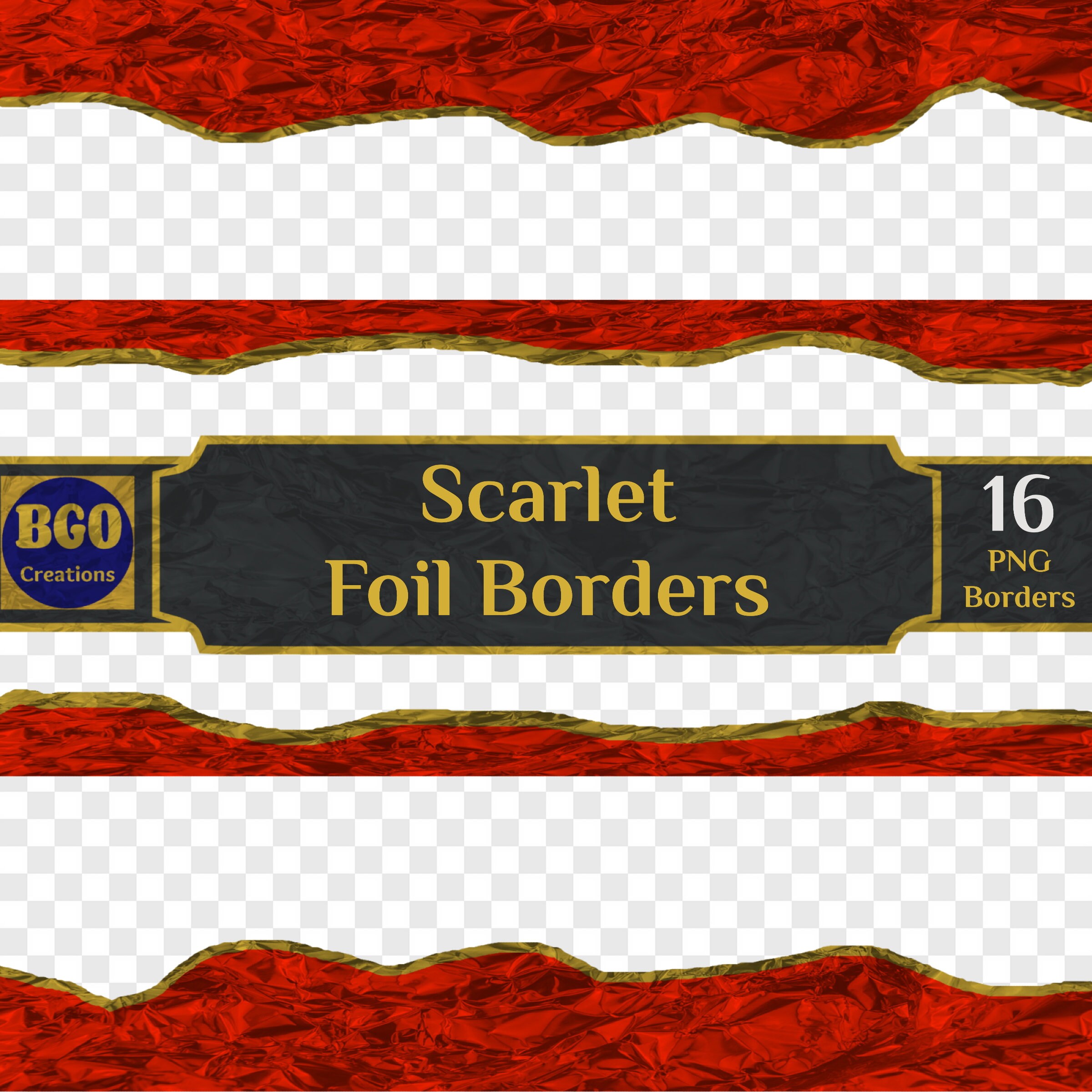 Scarlet Foil Borders, 16 Red & Gold Foil Borders, PNG Wave Borders ...