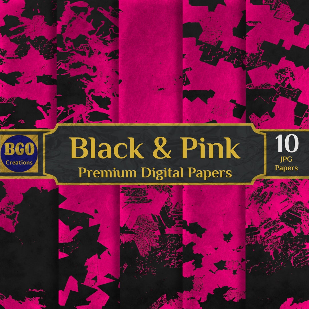 Distressed Black & Pink Digital Paper Pack, 10 Black and Hot Pink ...