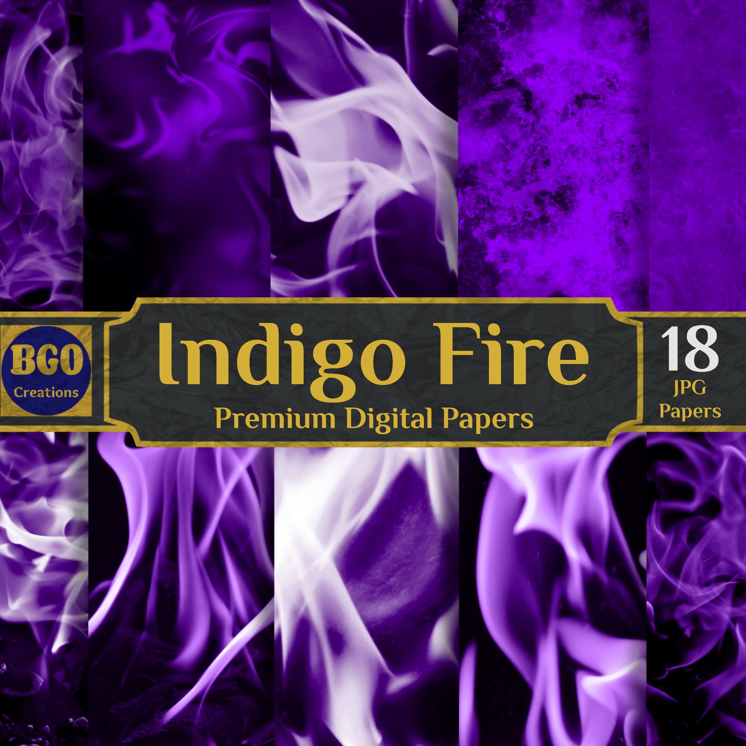 Indigo Fire Digital Paper Pack, 18 Textured Scrapbooking Purple Flames ...
