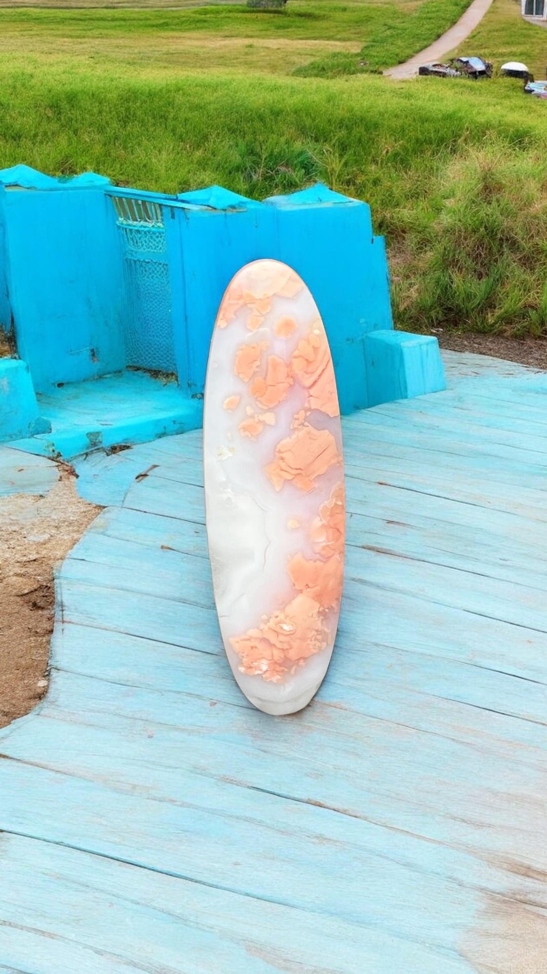 White and Salmon Pink COTTON Agate Cabochon 39MM Oval Shape State of ...