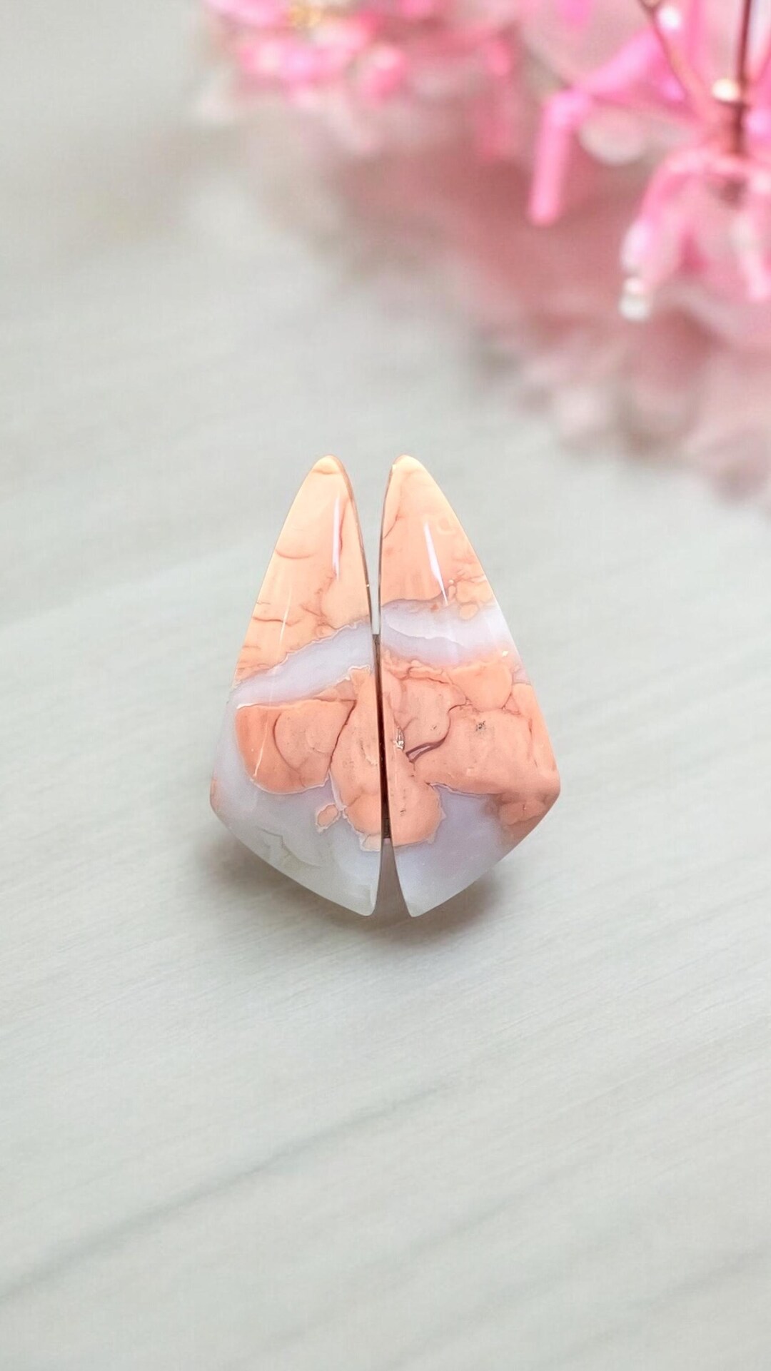 Pair of White and Salmon Pink COTTON Agates - Triangular Shaped ...