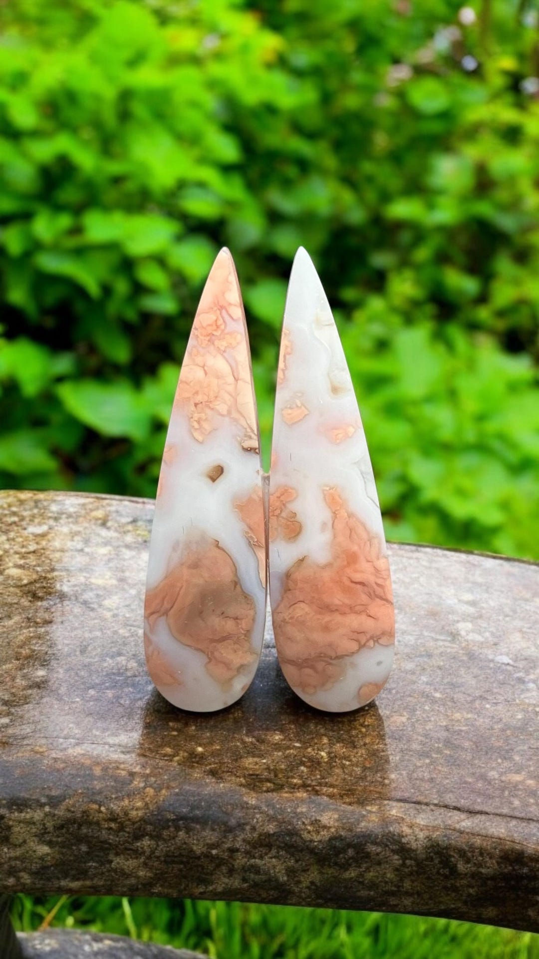 Pair of White and Salmon Pink COTTON Agates Teardrop Shaped Cabochons ...