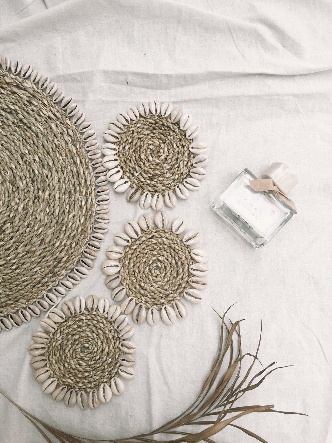 Set of Natural Cowrie Shell Coaster, Straw Wicker Coaster, Bali Coaster ...