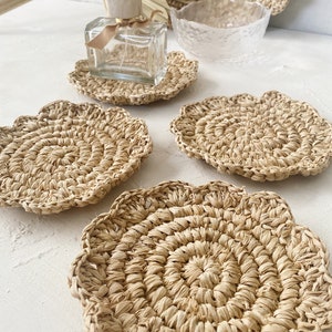 Set of Scallops Natural Coaster, Flower Raffia Boho Coaster, Raffia ...
