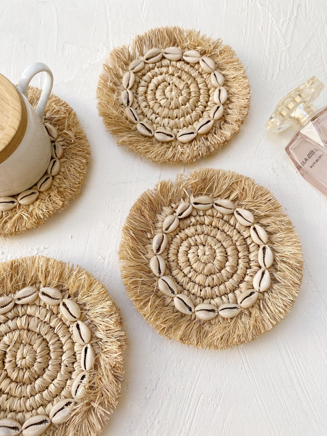 Set of Raffia Fringe Shell Coaster, Cowrie Shell Coaster, Bali Coaster ...
