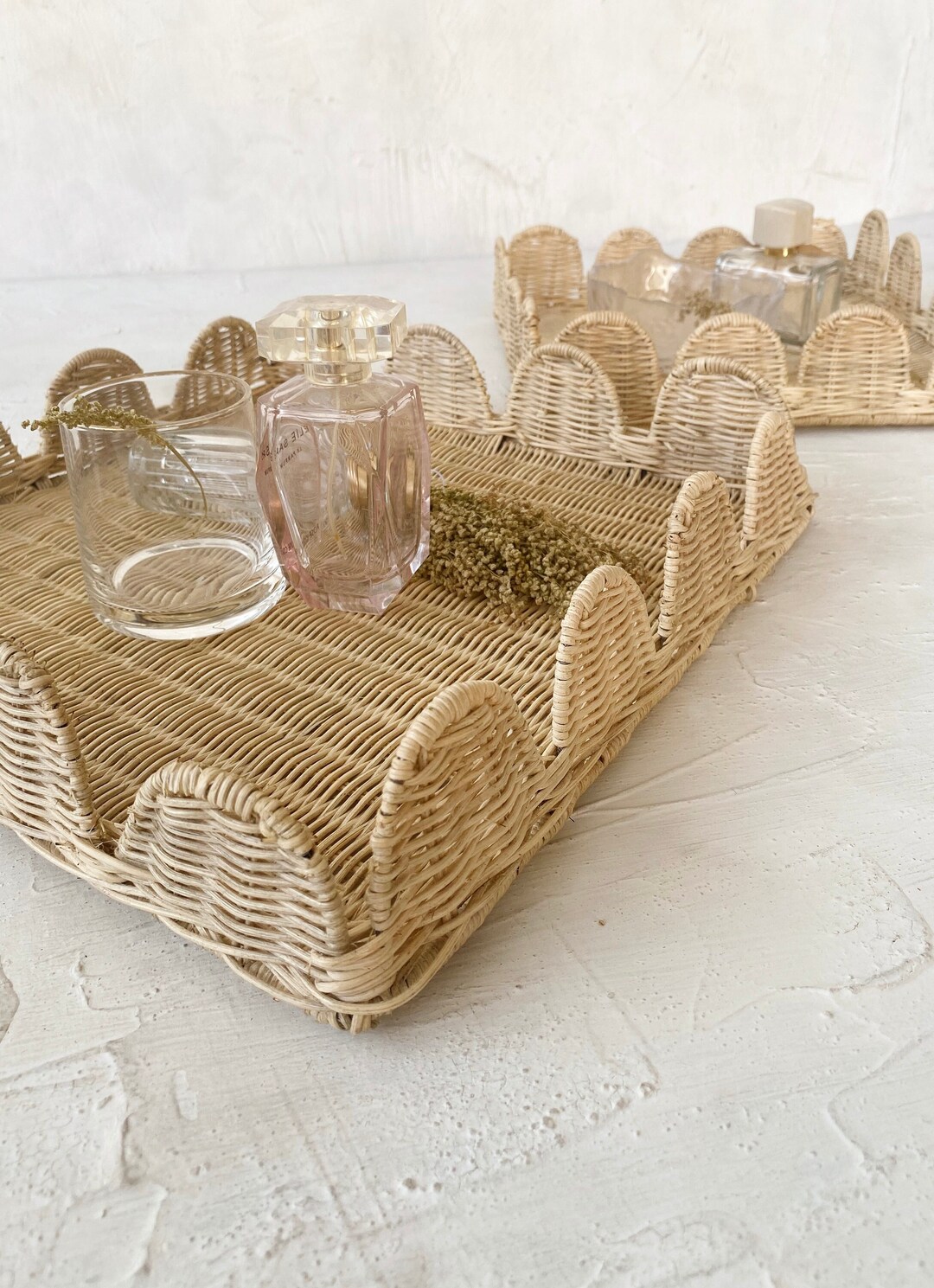 Scallops Rattan Tray, Set Straw Serving Tray, Woven Rattan Tray, Tray ...