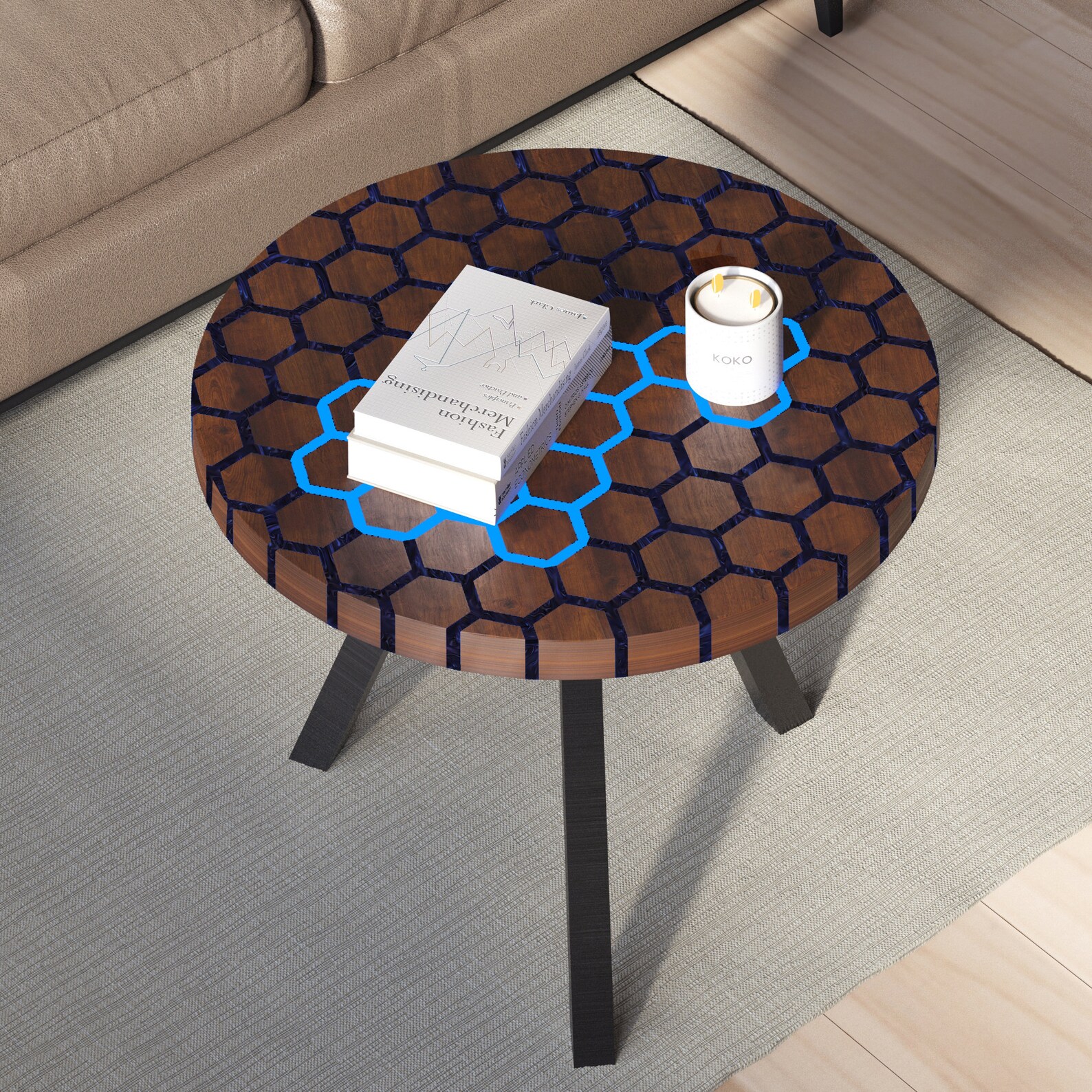 Touch Table. Оn a Wire. Glowing Round Table is Made of Epoxy Resin. It ...