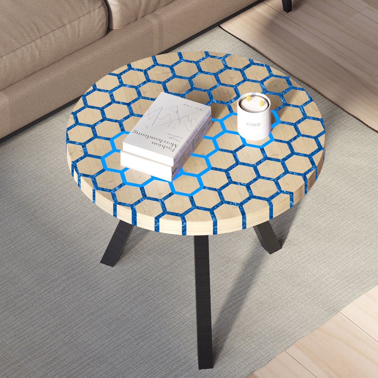 Touch Table. Оn a Wire. Glowing Round Table is Made of Epoxy Resin. It ...