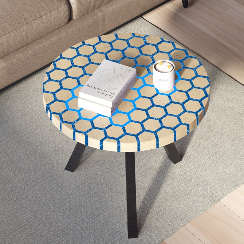 Touch Table. Оn a Wire. Glowing Round Table is Made of Epoxy Resin. It ...