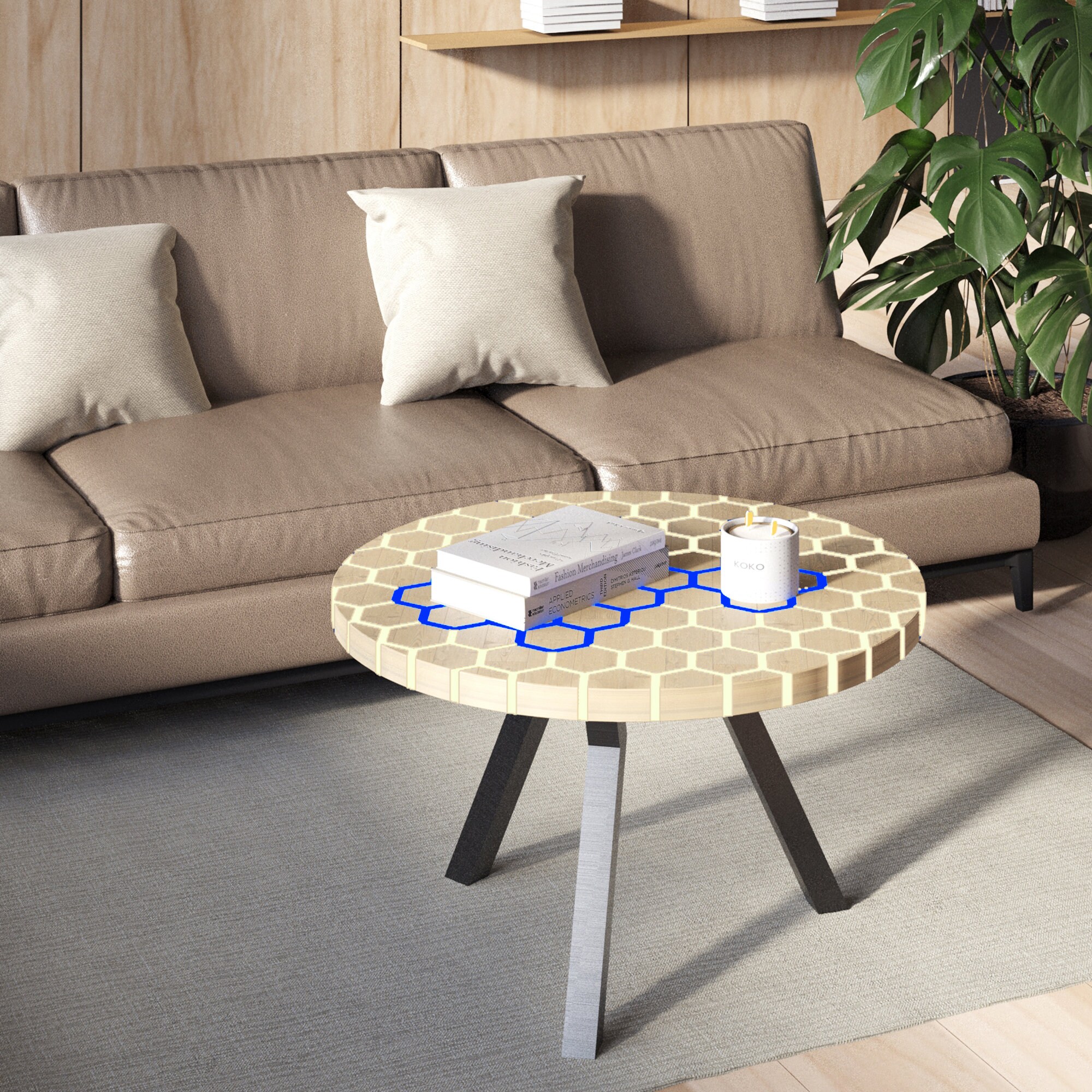 Touch Table. Оn a Wire. Glowing Round Table is Made of Epoxy Resin. It ...