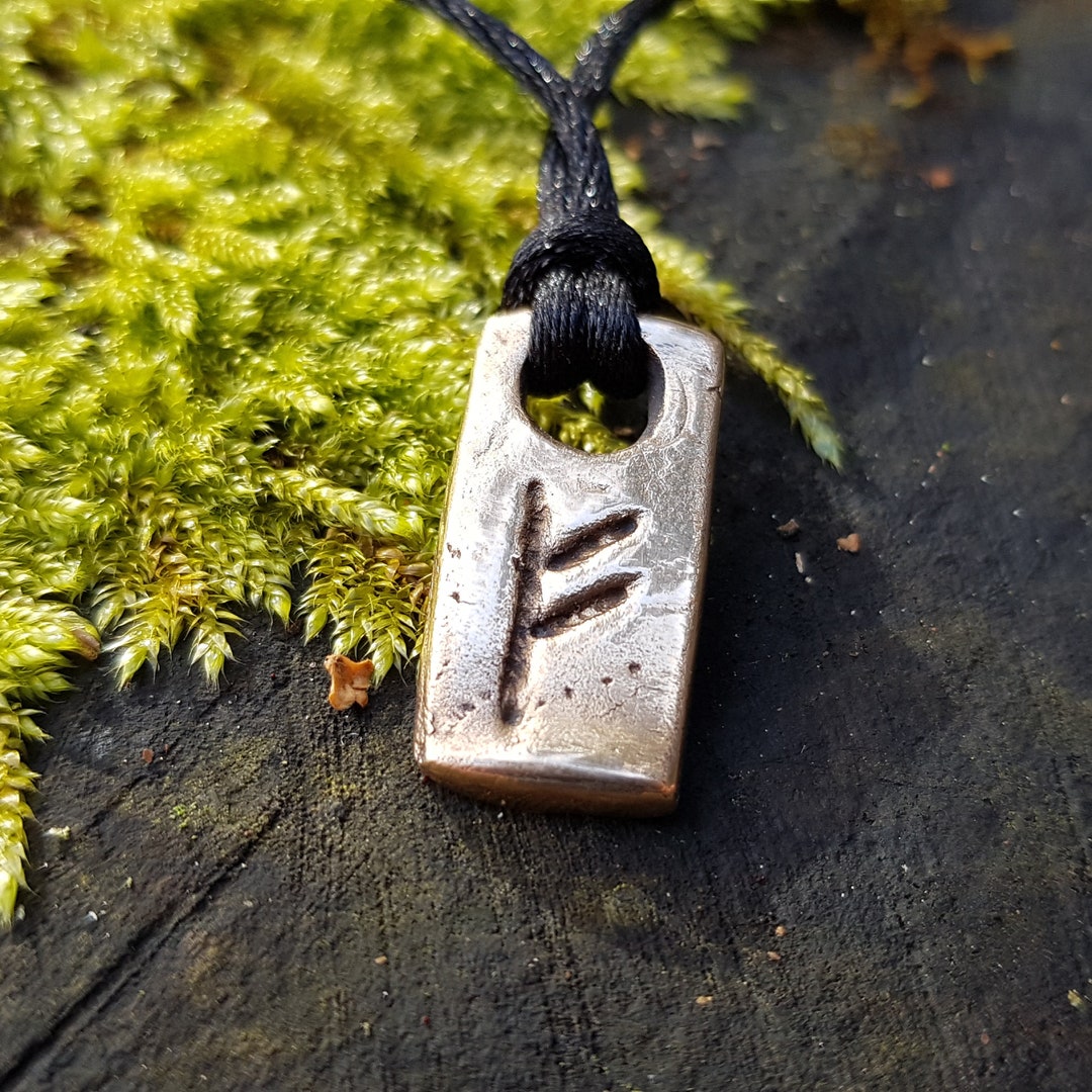 Real Money Attraction Amulet. Fehu Rune Pendant Necklace, Viking Bronze ...