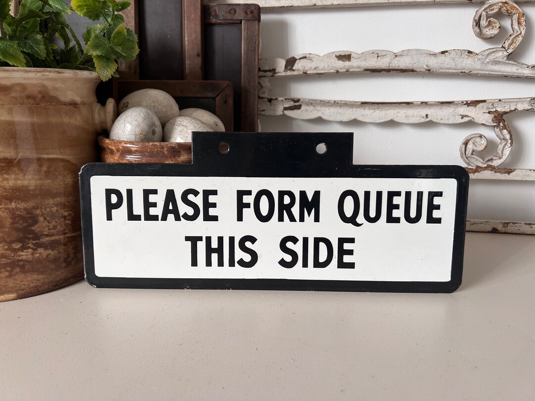 Antique Double Sided 'queue' Enamel Sign Antique Advertising Sign ...