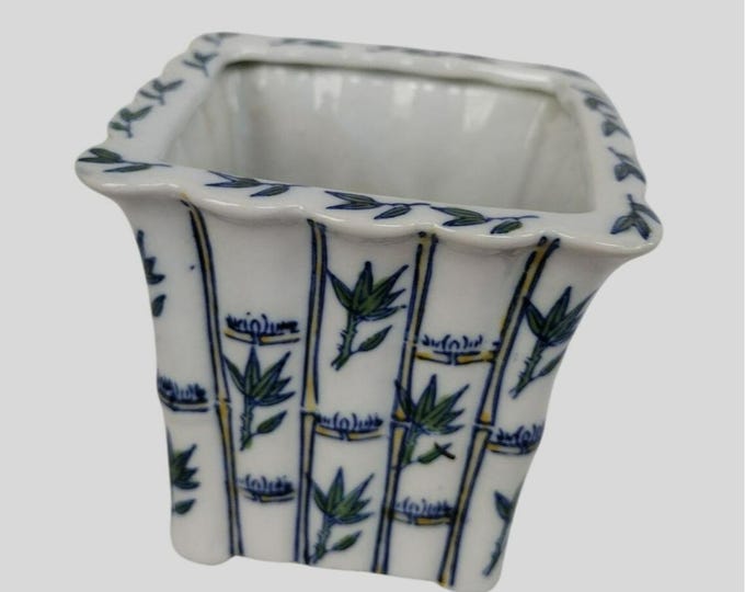Vintage Chinoiserie Ceramic Planter Pot, Blue & White Bamboo Design ...