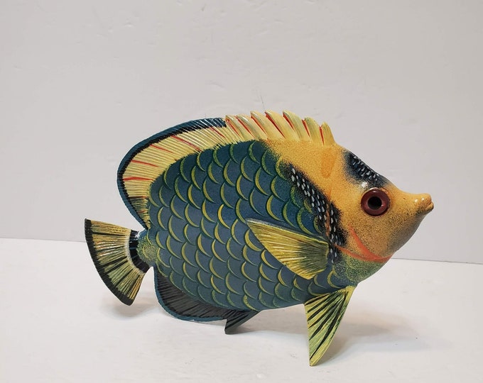 Handcrafted Painted Wood Fish Sculpture - 8" Colorful Coastal Beach ...