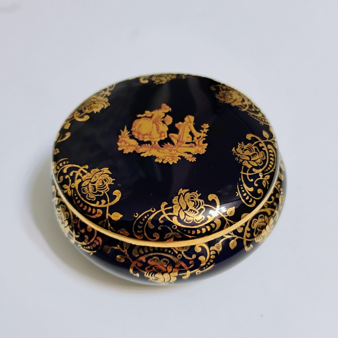 Limoges Castel France Trinket Box, Cobalt Blue, 22K Gold, Porcelain ...