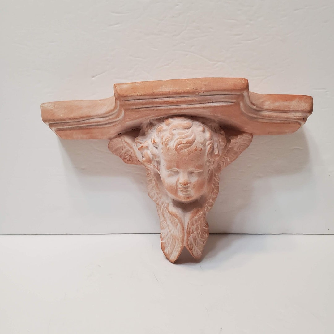 Terracotta Winged Cherub Shelf, Vintage Cupid Face Wall Art Sconce ...