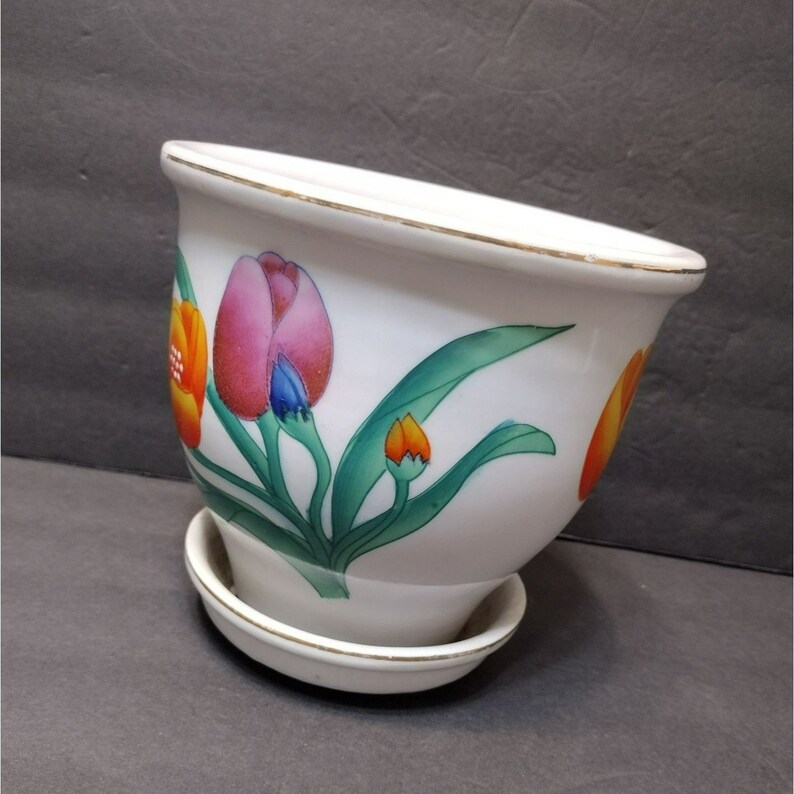 Vintage Lees Pottery Planter, Ceramic Flower Pot, Colorful, Tulips ...