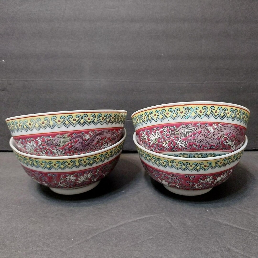 Chinese Porcelain Rice Bowls, Set of 4, Dragon & Phoenix, Pink Blue ...