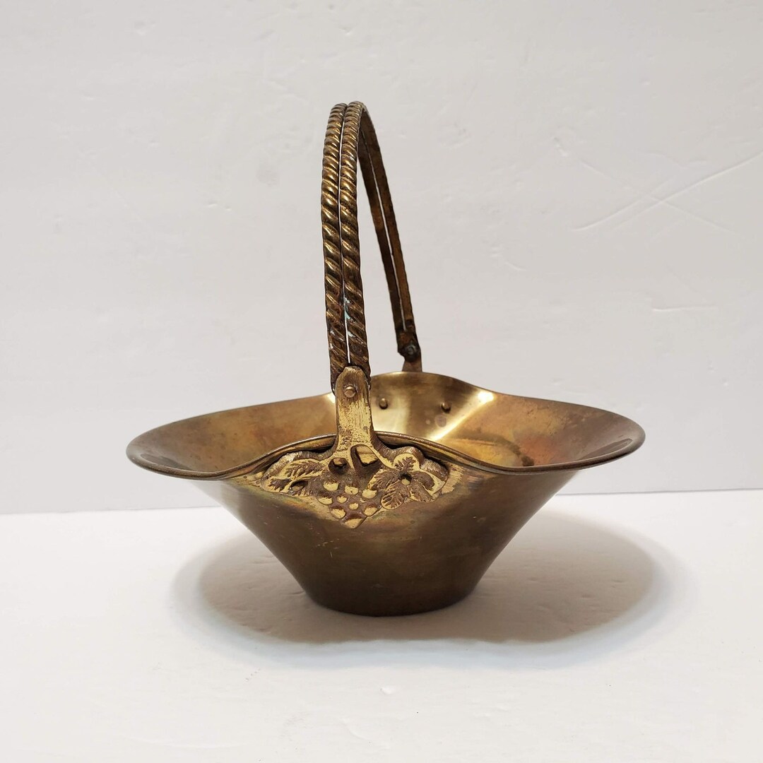 Vintage Solid Brass Basket With Handle and Grape Vine Detail, Hand ...
