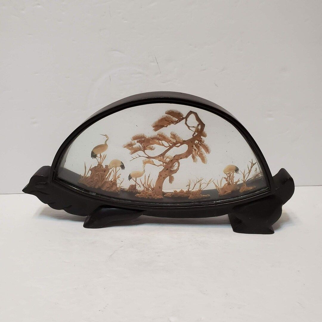 Chinese Carved Cork Diorama, Storks & Trees, Turtle-shaped, Black ...