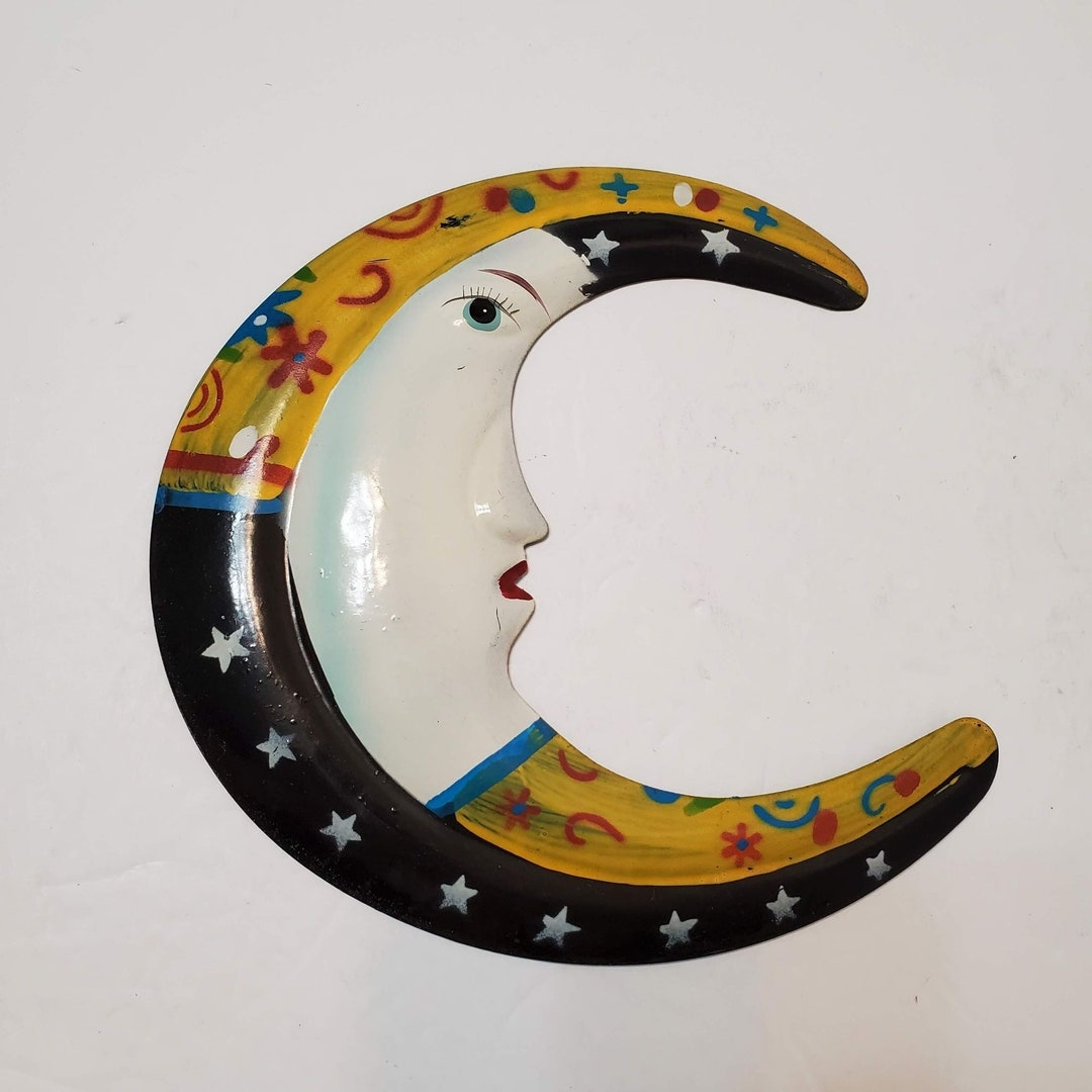 Vintage Tin Crescent Moon With Face Wall Decor, Celestial Painted ...