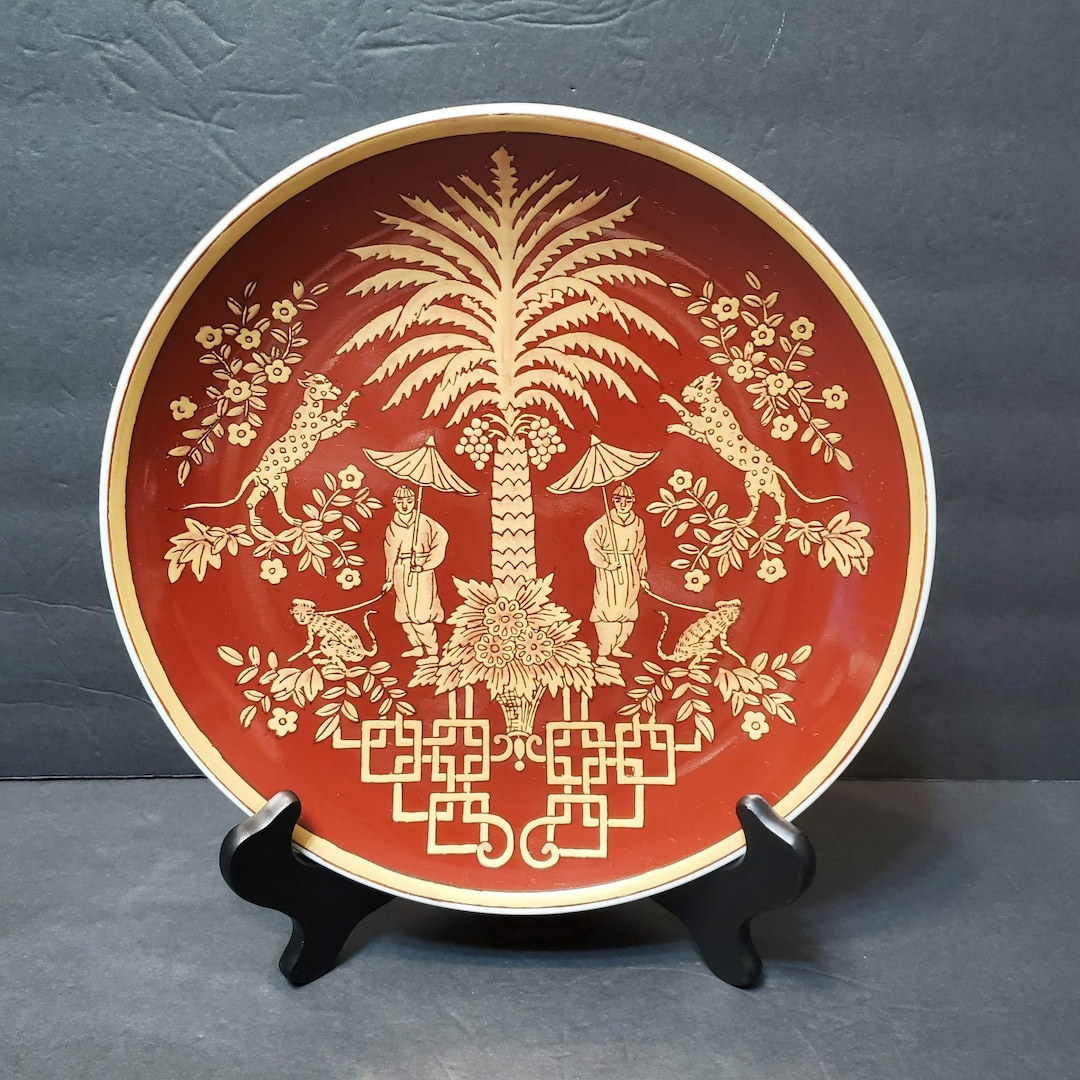 Vintage Chinoiserie Platter, Red Gold Decorative Plate, 10 Inch Asian ...