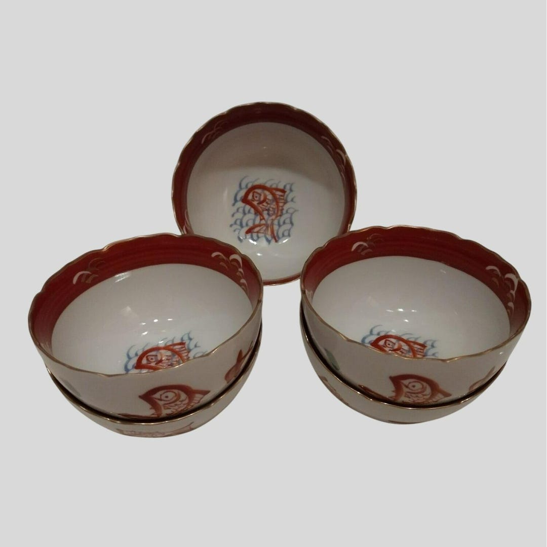 Vintage Japanese Porcelain Bowls Set of 5, Red & Blue, Fish Design ...