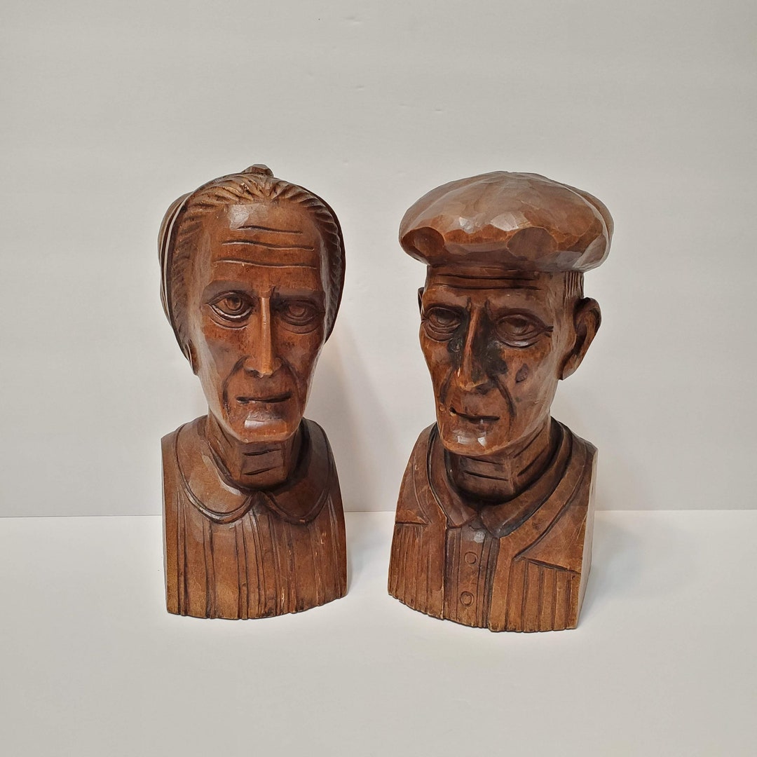 Hand Carved Wood Busts, J Alberdi, Mid-century Carving, Old Man and ...