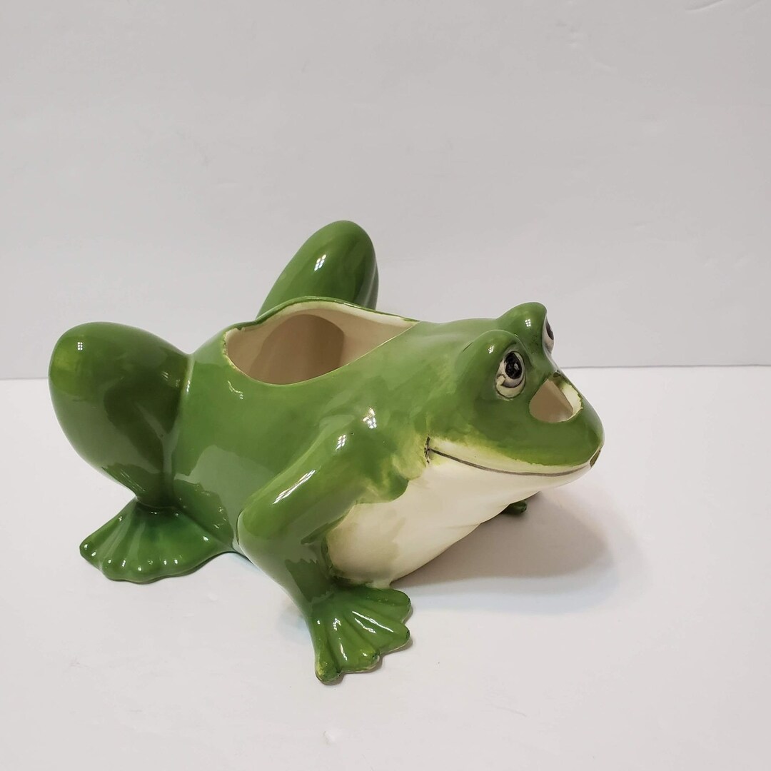 Vintage Green Frog Planter, Ceramic Toad Figurine, Air Plant Pot, Yarn ...