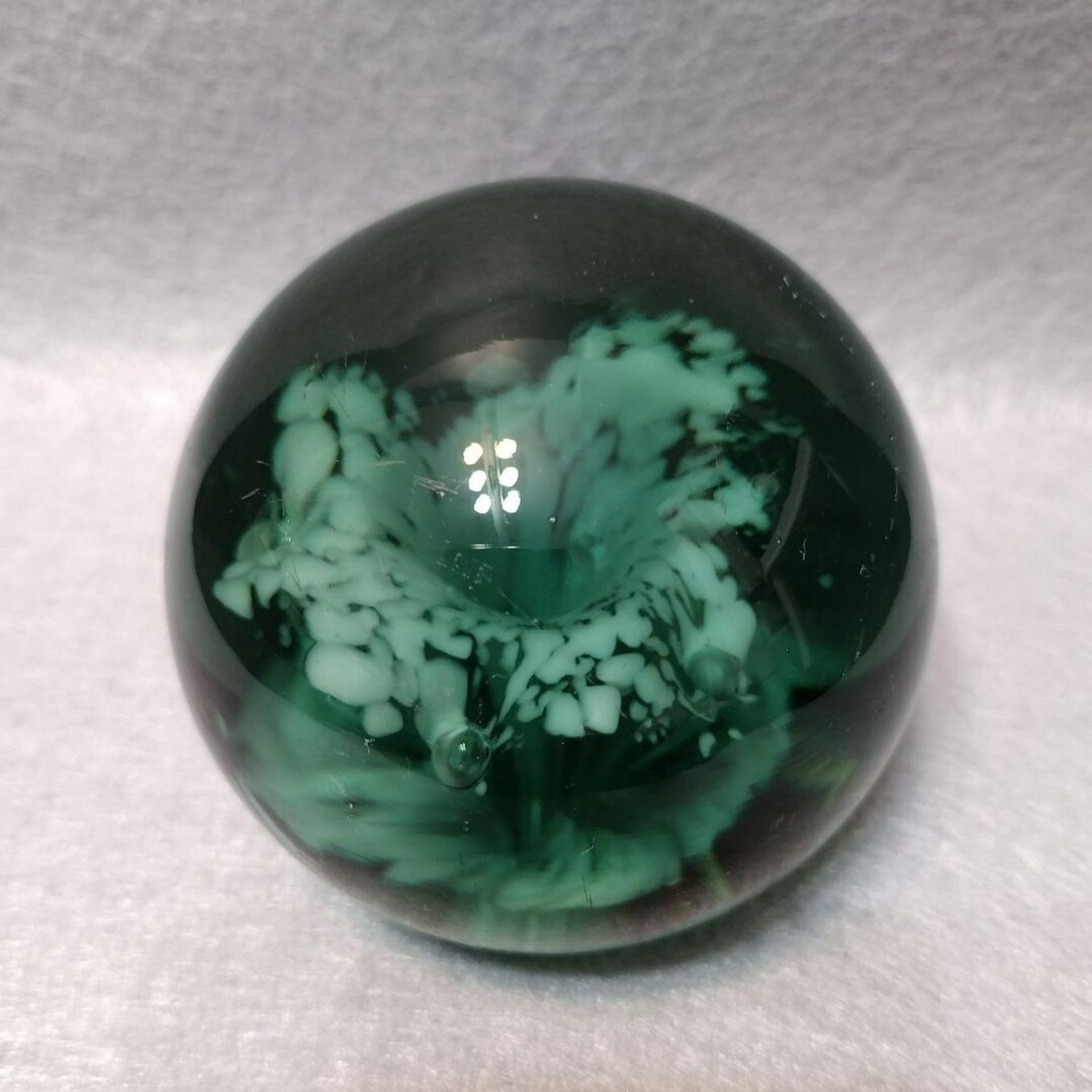 Large Green Glass Dump Paperweight With Flower, Handblown Art Glass ...