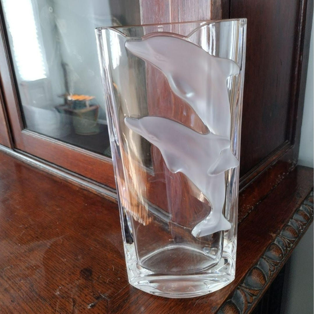 Nachtmann Dolphin Vase, 11" Clear Frosted Crystal Glass, Coastal Beach ...