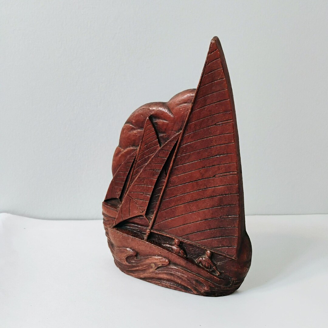 Vintage Wooden Sailboat Statue, Wood Boat, Yacht Figurine, Boat Bookend ...
