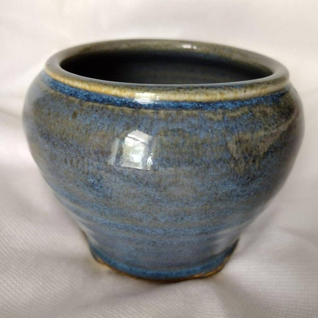 Handcrafted Blue Glazed Ceramic Plant Pot With Drainage Holes, Signed ...