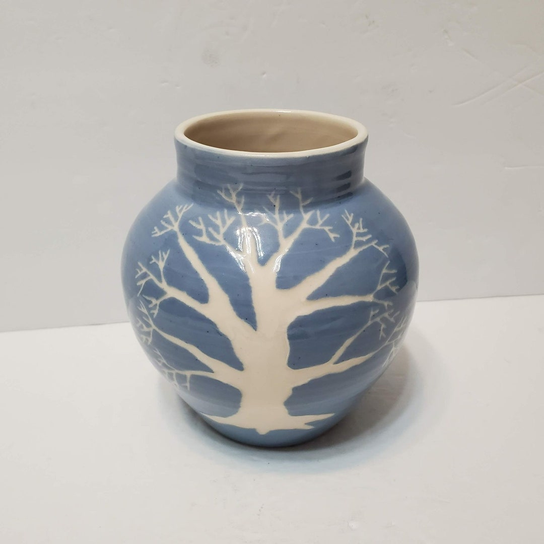 Blue Art Pottery Vase, Signed, Karis Swink Barry, Sgraffito, Tree of ...