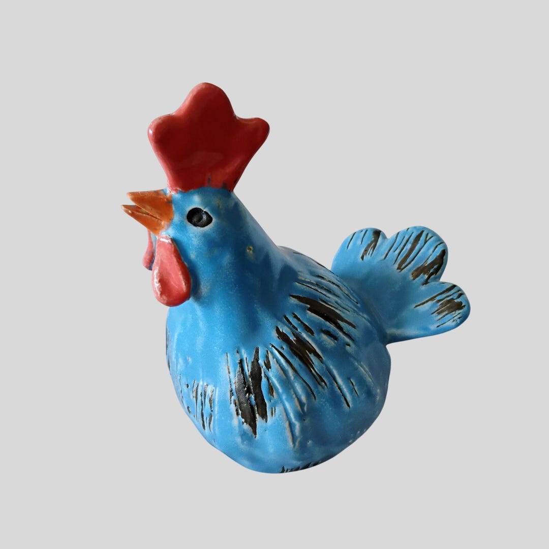 Raku Pottery Rooster Figurine, Vintage, Blue Ceramic Chicken, Red Comb ...