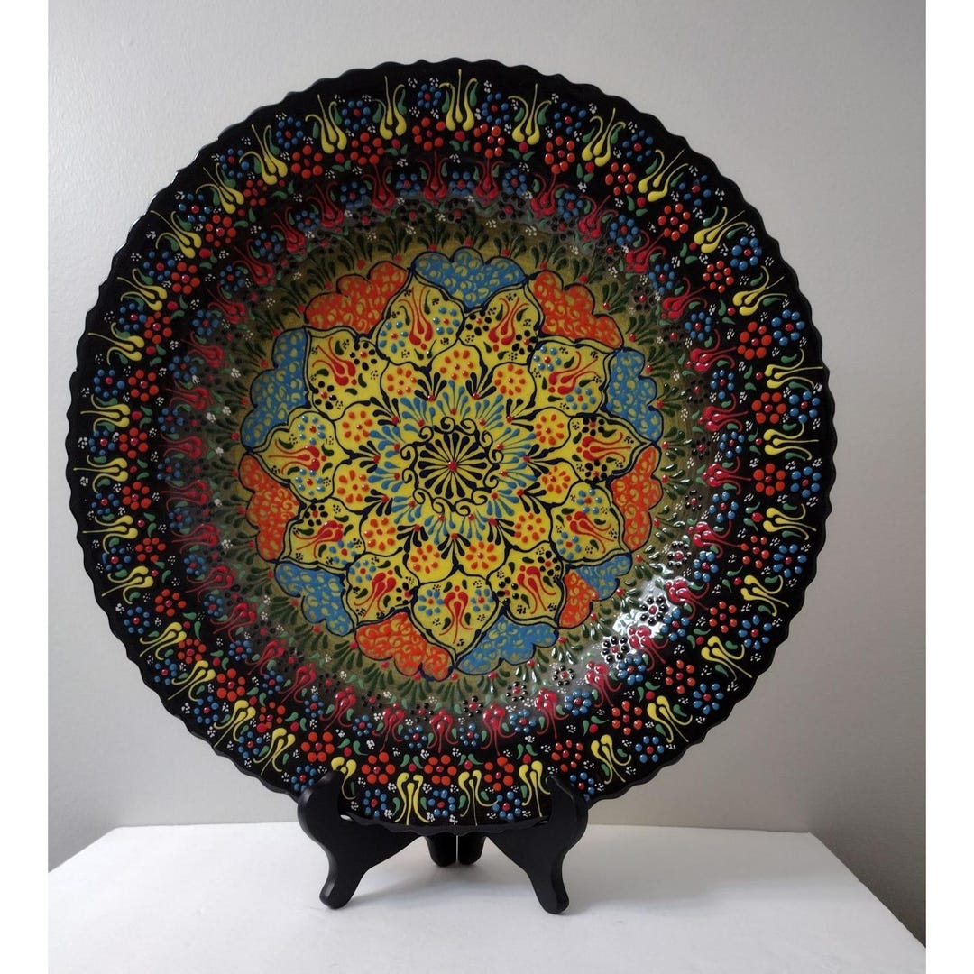 Large Hand-painted Turkish Iznik Platter 17" Raised Floral Pattern ...
