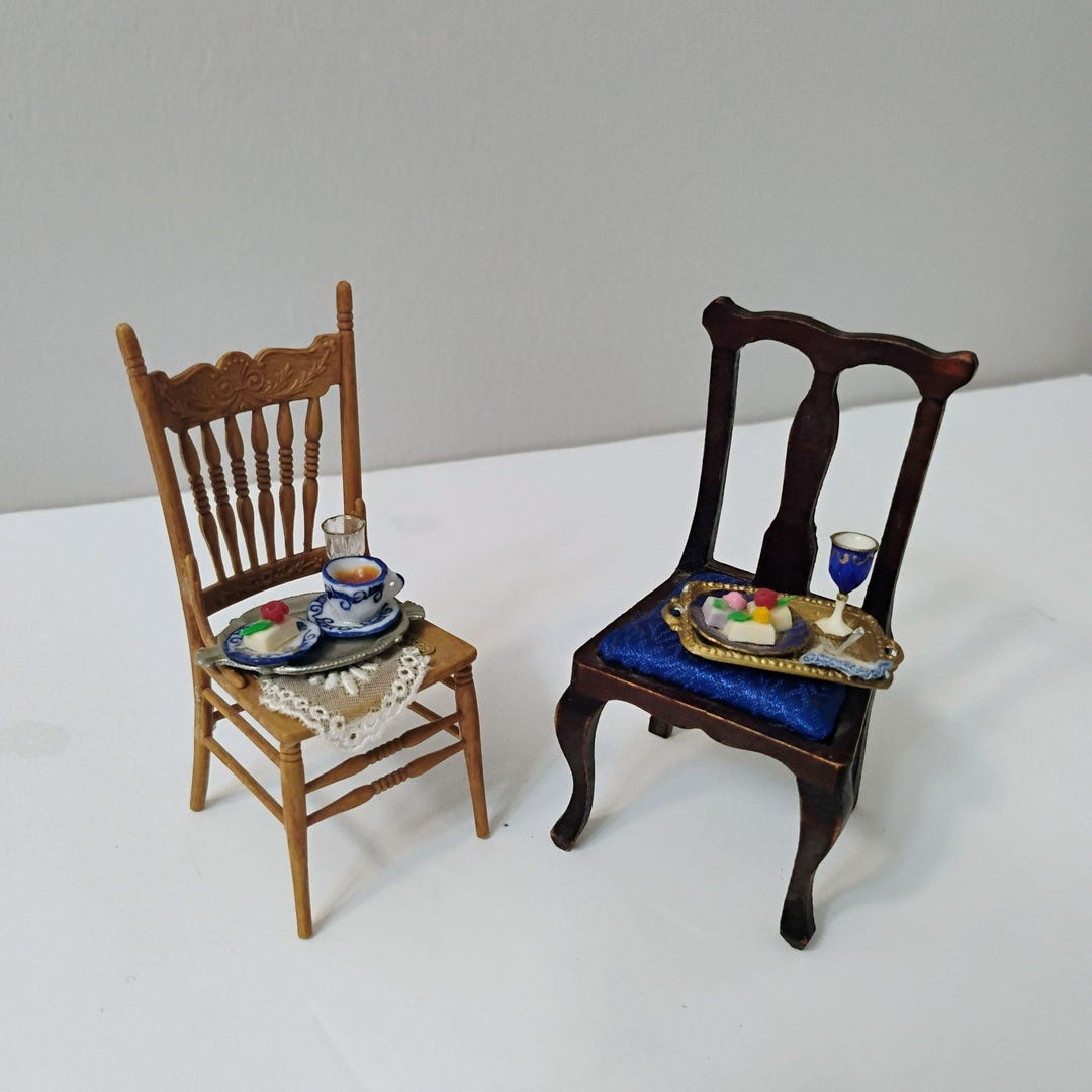 Hand Crafted Miniature Wooden Chair With Tea Set, Vintage Dollhouse 4 ...