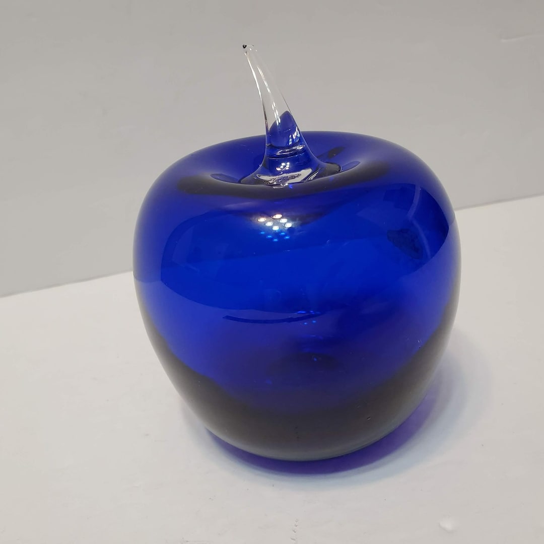 Vintage Blenko Art Glass Apple, Hand Blown Glass, Cobalt Blue, Blue ...