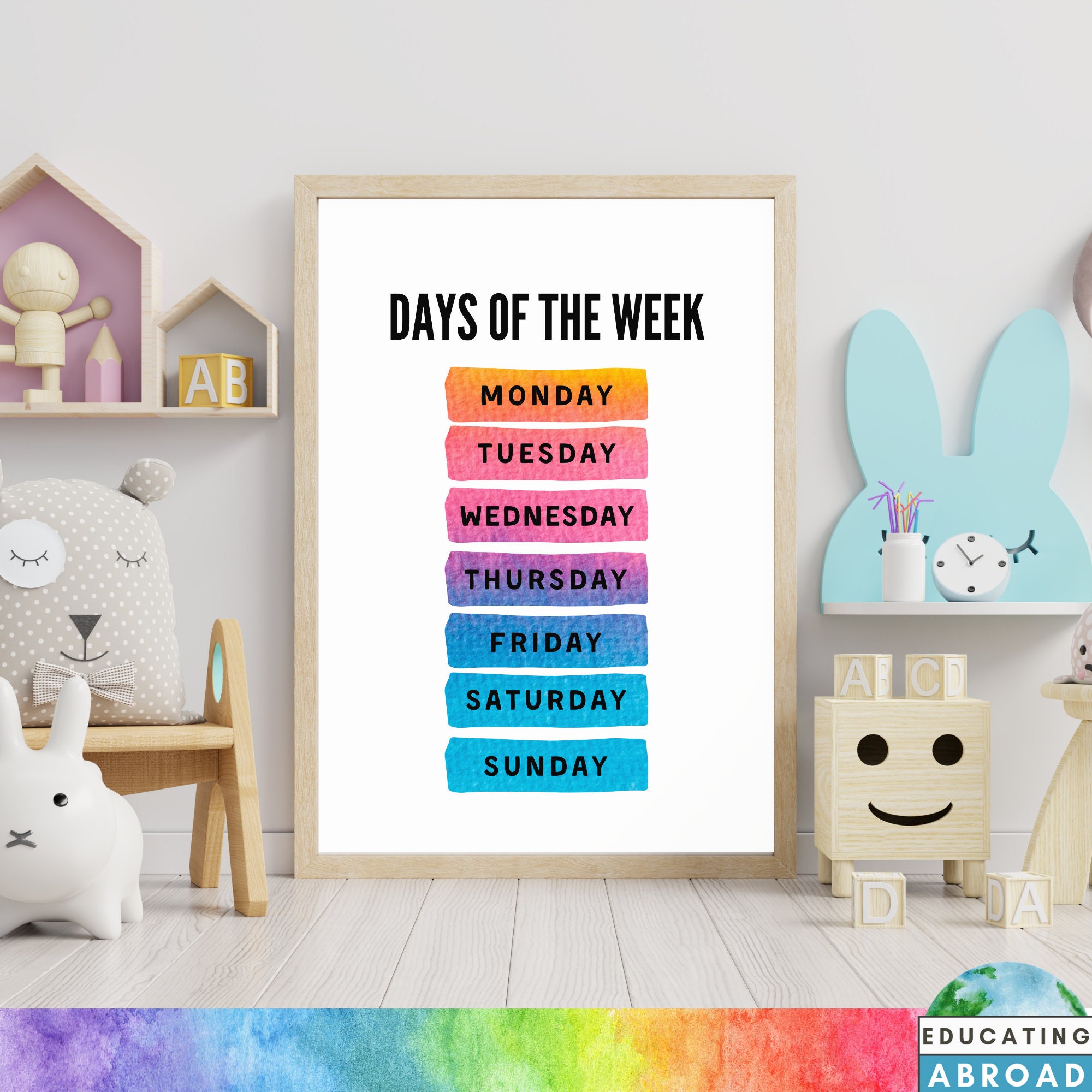 Days of the Week Printable Classroom Decor Nursery Wall Art Rainbow ...